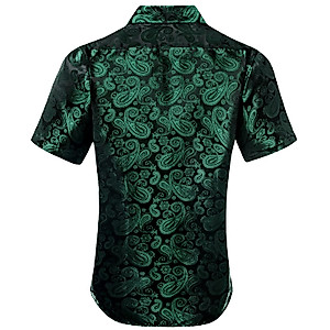 Hi-Tie Silk Dark Green Mens Dress Shirt Jacquard Short Sleeve Regular Fit Turn Down Collar Shirts for Casual Vacation Party