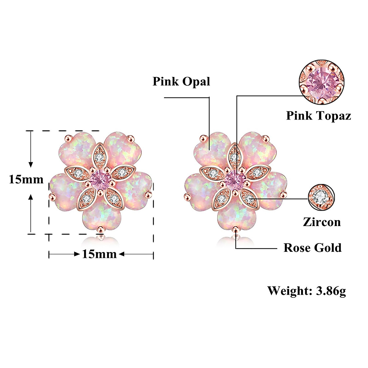 CiNily 14K Rose Gold Plated Flower Stud Earrings Womens Pink Opal Earrings Hypoallergenic Big Gemstone Stud Earrings 15mm