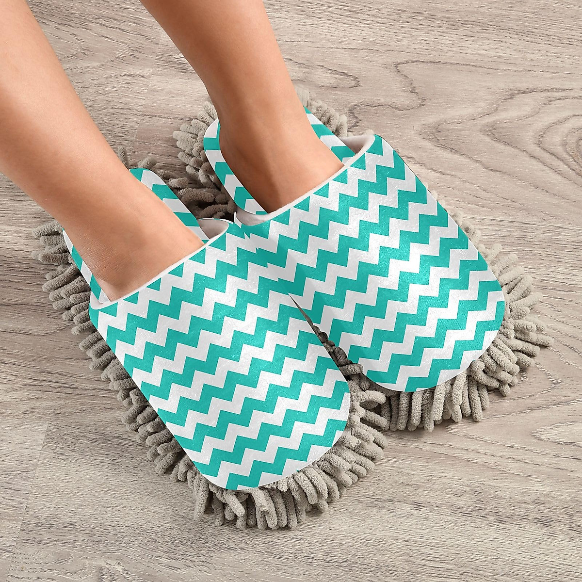 FLildon Microfiber Cleaning Slippers Turquoise Zigzag Washable Mop Shoes Slipper for Men/Women House Floor Dust Cleaner, Size L