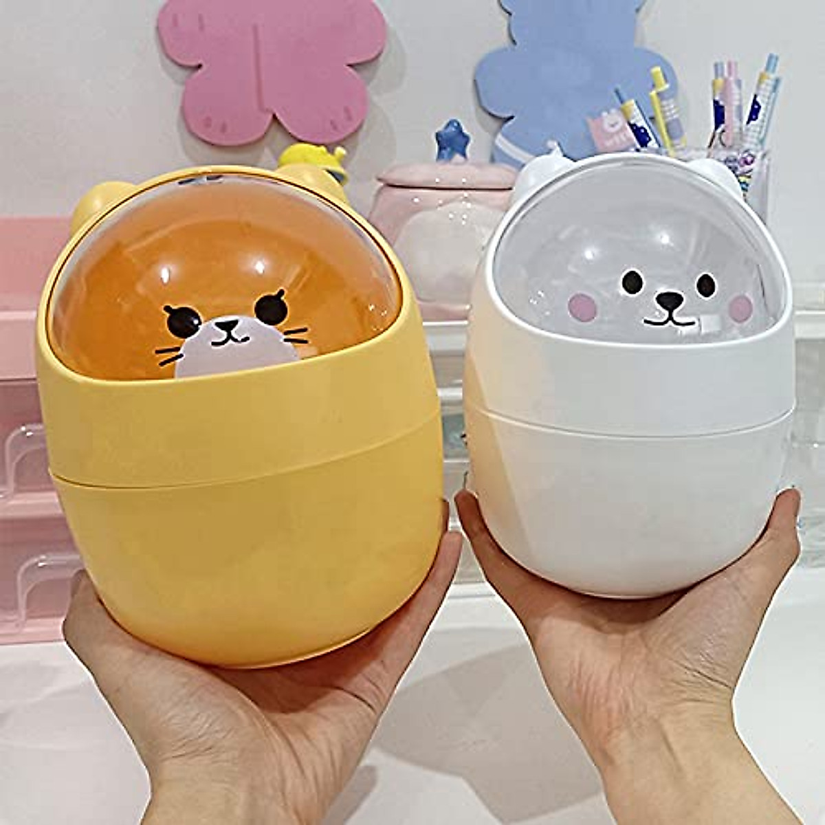 Mini Desktop Trash Can, Cute Home Desktop Trash Can with Lid Small Mini Plastic Desk Organizer Pencil Holder Desktop Trash Bin for Bedroom (4.33" x 6.1") White 4.33" x 6.1"