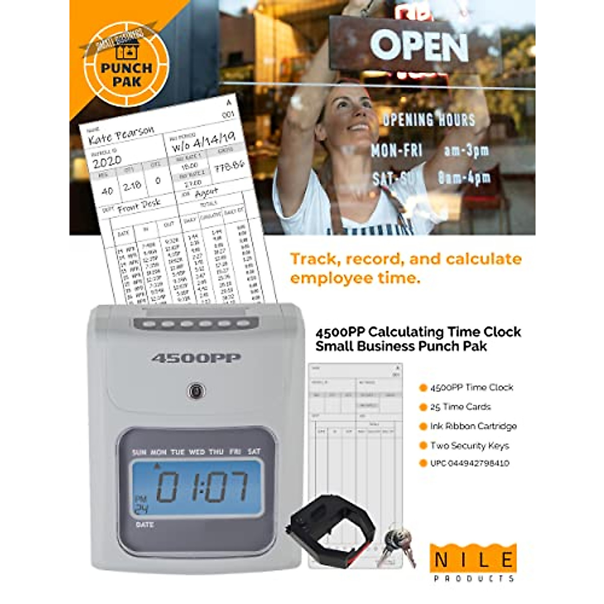 Nile Products 4500PP Calculating Time Clock, Small Business Punch Pak, up to 50 Employees, Includes 25 Time Cards, 1 Ink Ribbon and 2 Security Keys