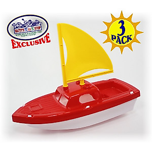 Matty's Toy Stop Plastic Boats Set Sailboat (Red), Speedboat (Purple) & Fireboat (Blue) Gift Set Bundle, Perfect Bath, Pool, Beach Etc. - 3 Pack