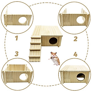Hamster Wooden House with Ladder Small Animal Hideout Activity Platform Exercise Climbing Hut Natural Living Wood Room for Hamster Gerbil Mice Rat.
