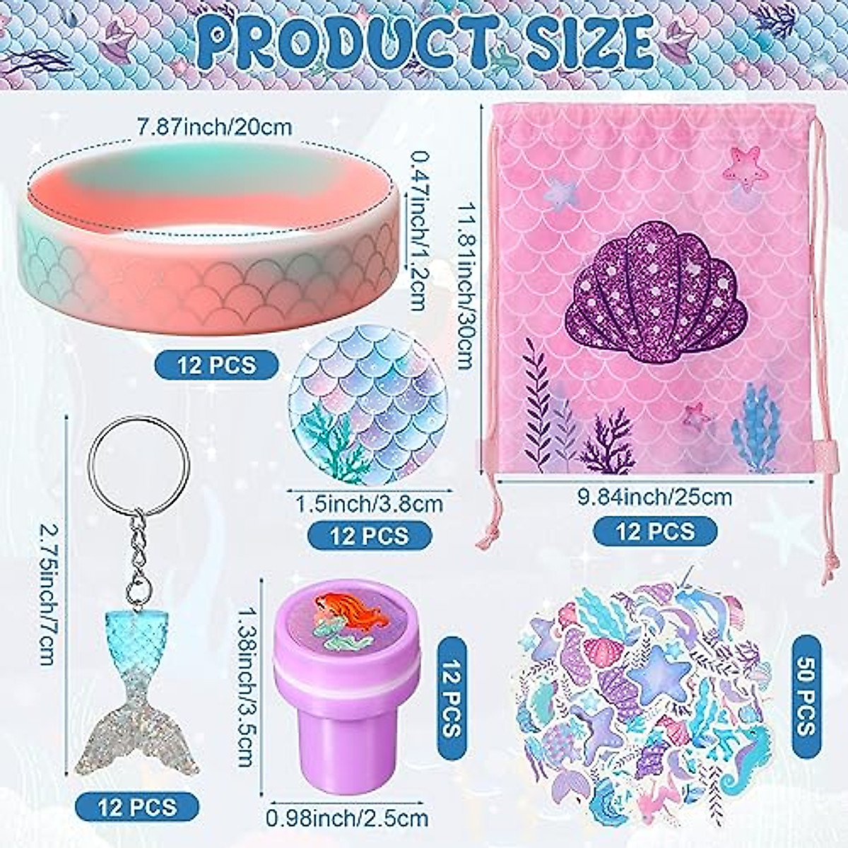 Sasylvia 110 Pcs Mermaid Party Supplies Favors Include Mermaid Silicone Bracelets Button Pins Mermaid Drawstring Bags Stamps Keychains Stickers for Kids Girls Mermaid Theme Birthday Party Supplies