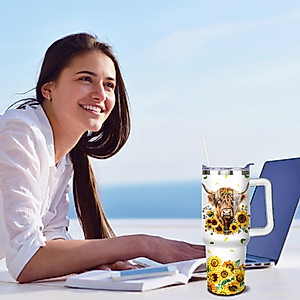 thmasamwr Cow Print Tumbler with Lid and Straw, Stainless Steel 40oz Tumbler with Handle, Sunflower Cow Print Travel Coffee Mug Water Bottle, Highland Cow Gifts Cups for Women and Girls