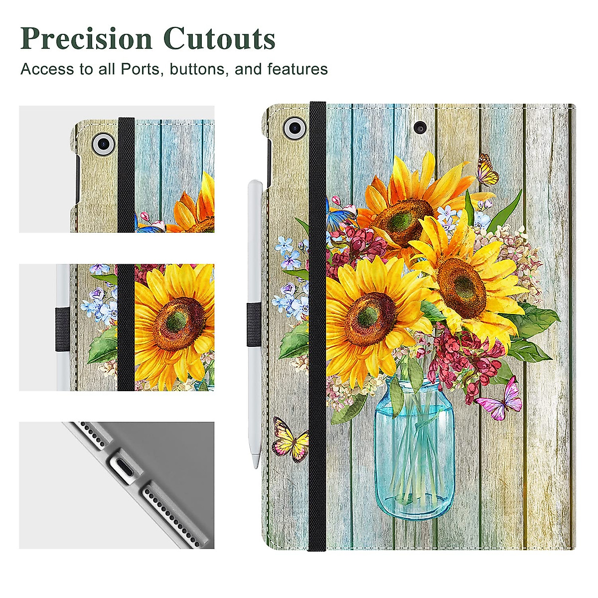 Vimorco Case for ipad 10.2 inch 7th/8th/9th Generation 2019/2020/2021 with Pocket, Multi-Angle Stand, Auto Wake/Sleep,Hand Strap with Pencil Holder for Apple ipad 10.2 (Sunflower)