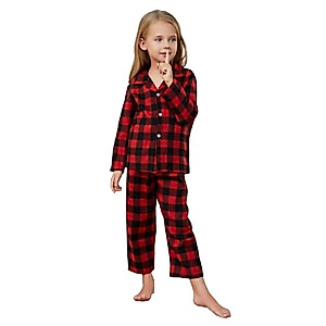 Schbbbta Kids Button Down Sleepwear Pjs Boys & Girls 2 Piece Plaid Pajama Set, Red Black, 4-5T = Tag 120