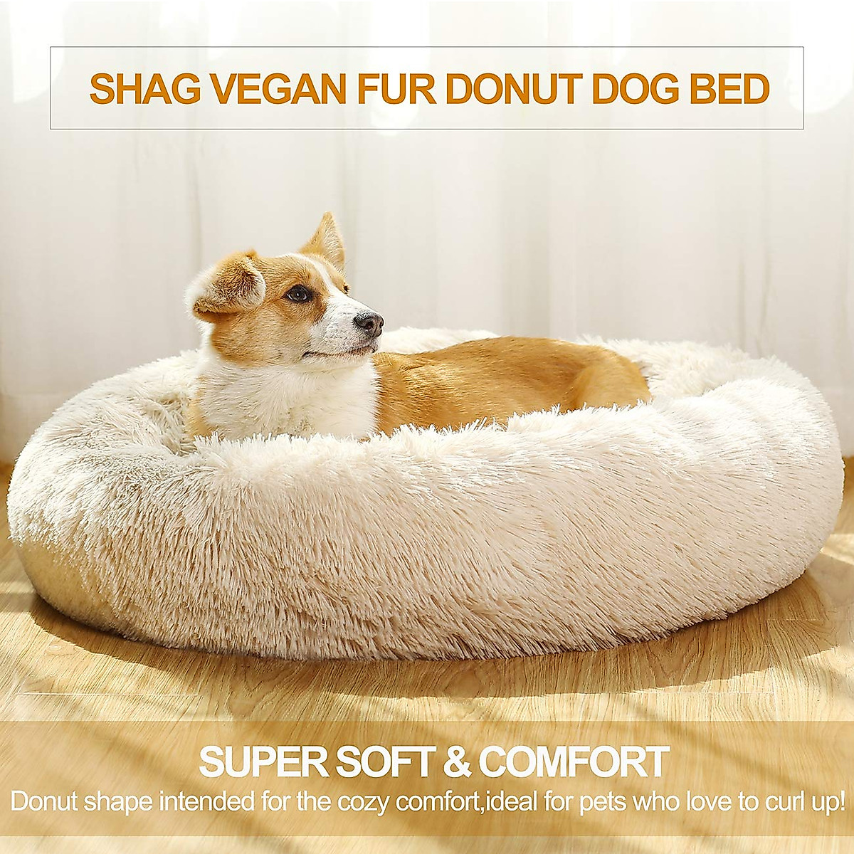 JMHUND Donut Dog Beds for Medium Dogs,Washable Large Dog Bed Calming Cuddler,Fluffy Round Pet Bed,Faux Fur Small Cat Bed.