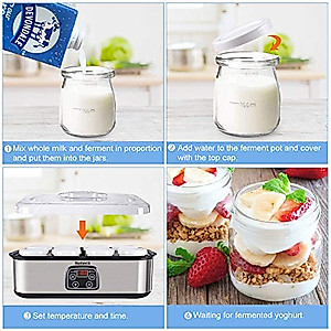 Automatic Yogurt Maker Machine Digital LCD Display with Constant Temperature Control 8 Glass Greek Jars and Lids 48 Ozs Stainless Steel Design for Home Kitchen Use.