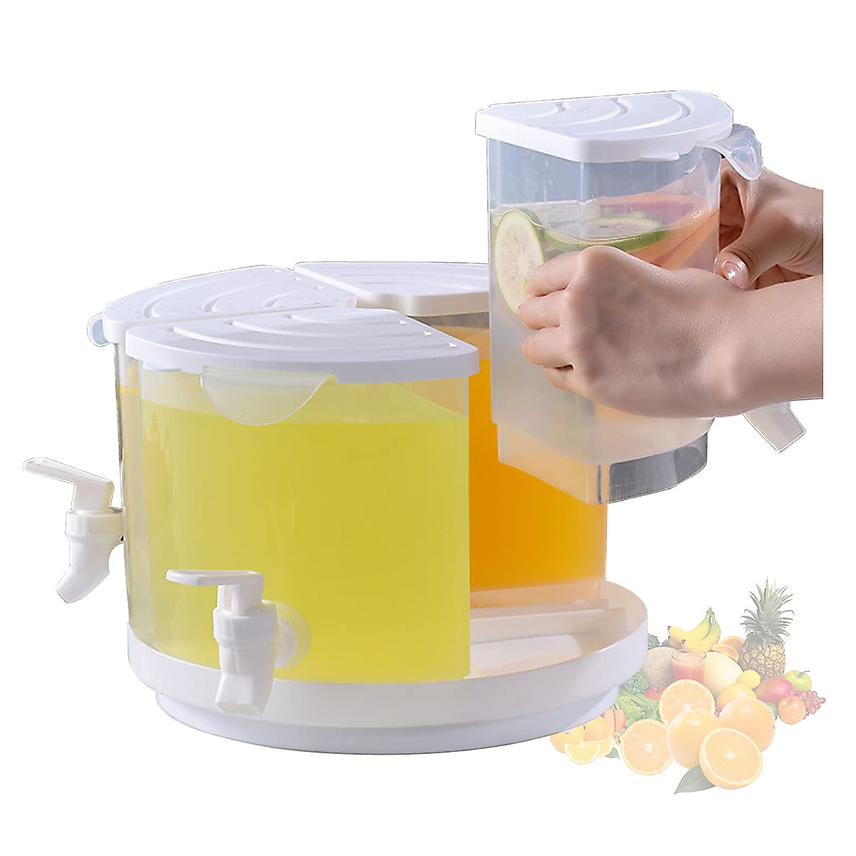 1.45 Gallon Beverage Dispenser for Fridge, Rotate 360° Removable 4-Grid Plastic Drink Dispenser, Clear Refrigerator Juice Dispenser with Lid and Spout for Lemonade, Tea, Cold Water