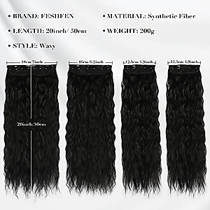FESHFEN Clip in Hair Extensions for Women 4 PCS Thick Full Head Curly Wavy Clip in Extensions Synthetic Long Off Black Double Weft Hair Hairpieces 20 inch