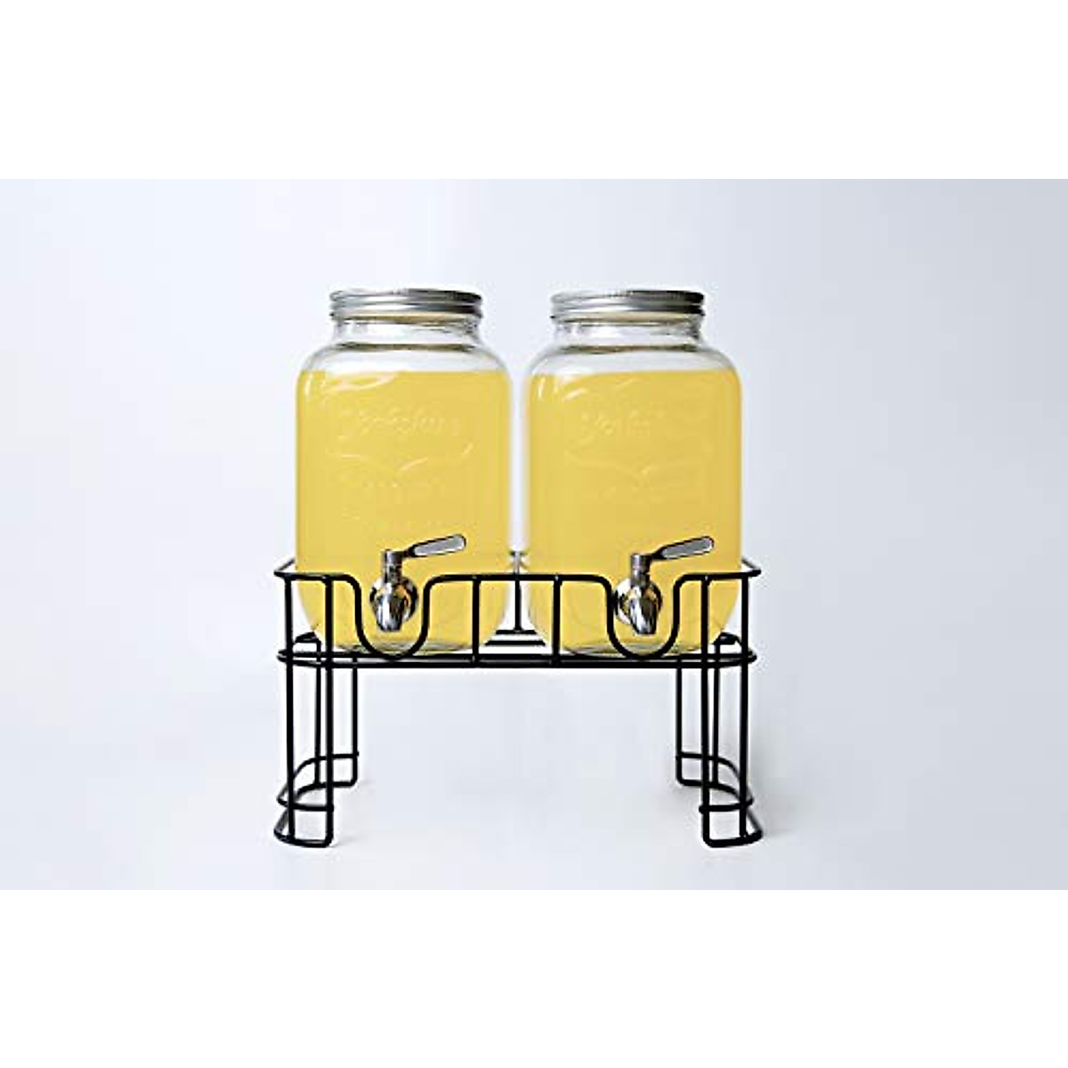 Dual Gallon Glass Beverage Dispensers with Metal Stand, Stainless Steel Spigot, Metal Lid and Drip Trays- Gallon Glass Yorkshire Mason Container for Kombucha Fermenting, Iced Tea and more