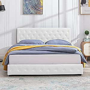 Mjkone Upholstered California King Platform Bed Frame with 4 Storage Drawers, PU Leather Modern Bed Frame with Adjustable Headboard, Button Tufted Design/No Box Spring Needed/Easy Assembly (White)