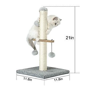 PAWSFANS Cat Scratching Post,Small Scratch Post for Indoor Kittens and Small Size Cats,with Hanging Ball Toys,21inches,Grey