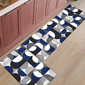 2 PCS Mid Century Kitchen Mat Cushioned Kitchen Rugs Non-Skid Floor Mats and Rugs Comfort Standing Mat for Kitchen, Floor, Office, Sink, Laundry, Blue Grey Geometric Circle Vintage Art Pattern
