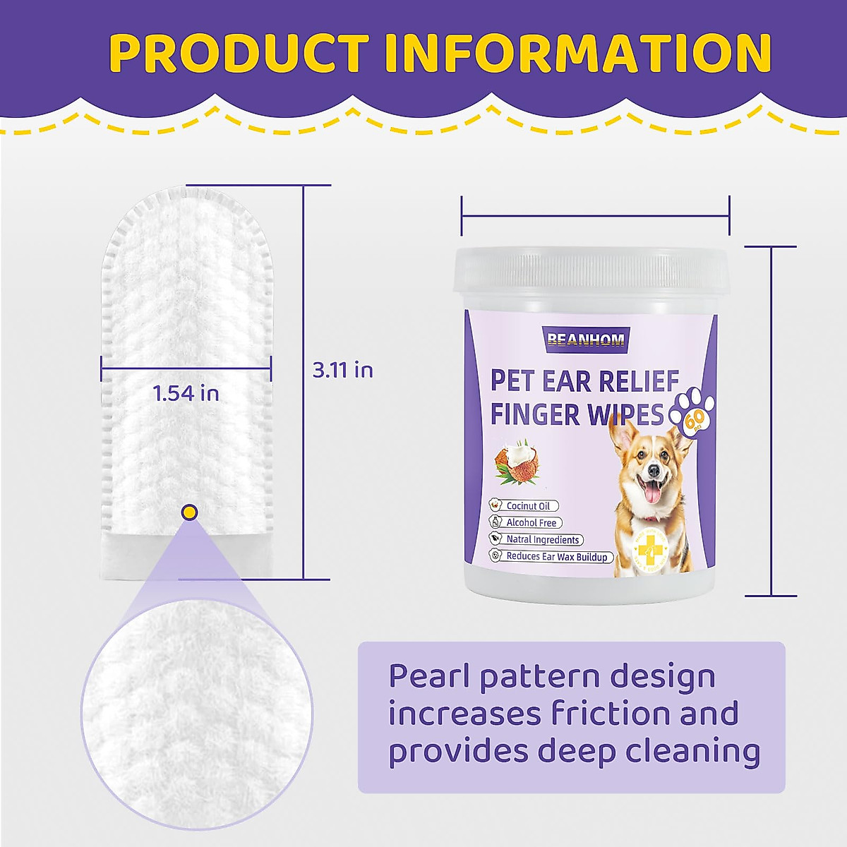 Dog Ear wipes Finger - Ear Finger Wipes for Dogs & Cats - Pet Ear Cleaning Finger Wipes - Sooths & Deodorizes, Prevent Ear Itch & Inflammation – Fresh Coconut Scent, All Natural Ingredients - 60 Count