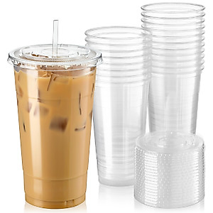 Fit Meal Prep 50 Pack 32 oz Clear Plastic Cups with Flat Lids, Disposable Iced Coffee Cups, BPA Free Premium Crystal Smoothie Cup for Party, Lemonade Stand, Cold Drinks, Juice, Milkshake