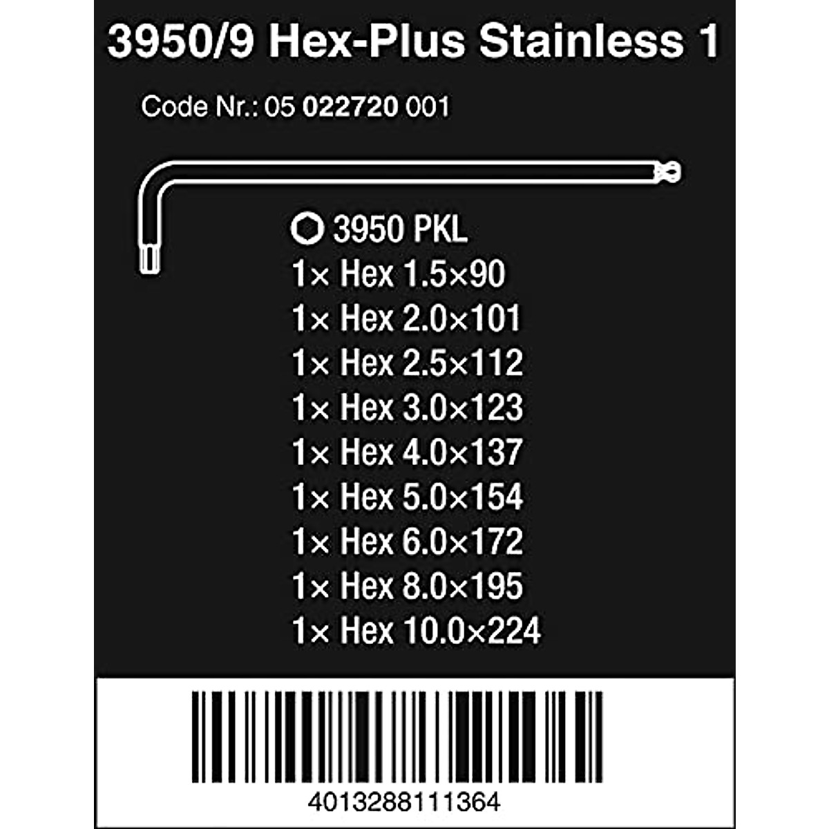 Wera - 5022720001 Stainless 3950 PKL/9 Ball-point Metric Hex-Plus Ergonomic L-Key Set with Two-Component Storage Clip, 9-Piece