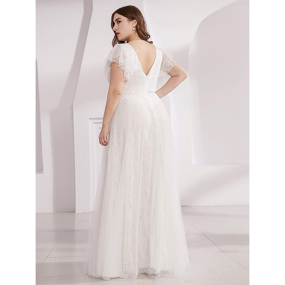 Ever-Pretty Women's A-Line V-Neck Flutter Sleeves Plus Size Cocktail Dress for Formal Party White US26