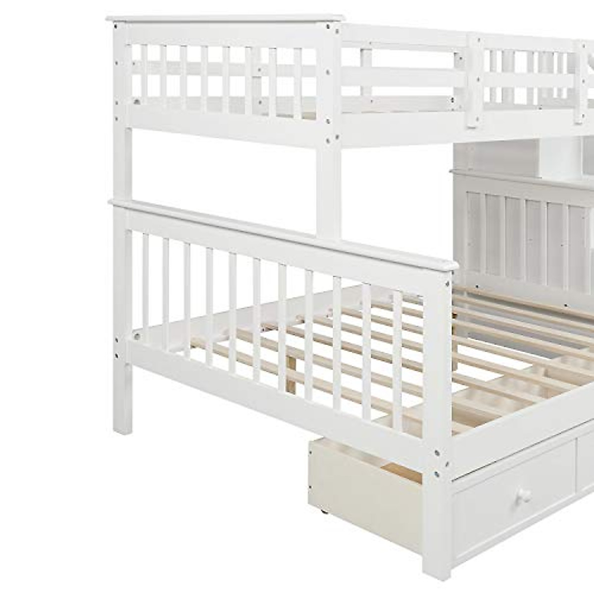 Flieks Twin-Over-Full Bunk Bed with Drawer,4 Storage and Guard Rail, Twin-Over-Full Bunk Bed for Bedroom, Dorm, for Family,Teens,No Box Spring Needed