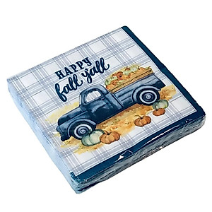Blue Retro Pumpkin Truck Fall Beverage Cocktail Napkins | Thanksgiving Fall Autumn Harvest Paper Disposable Paper Napkins | 5" x 5" size folded | 36-ct | 2-ply | Made in USA