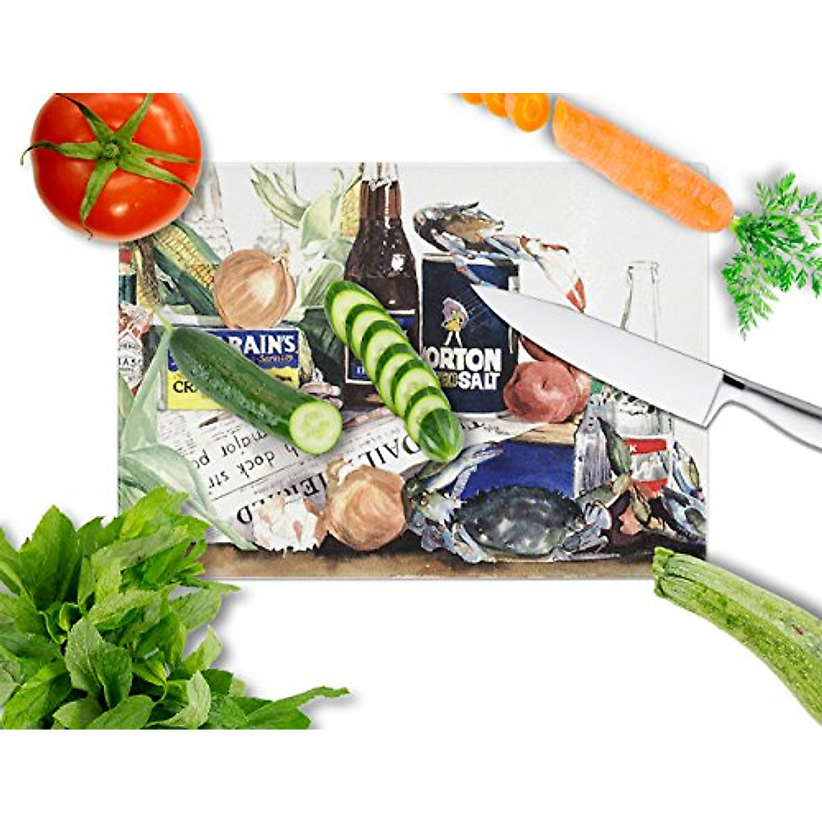 Caroline's Treasures 1002LCB Barq's, Crabs, and spices Glass Cutting Board Large Decorative Tempered Glass Kitchen Cutting and Serving Board Large Size Chopping Board