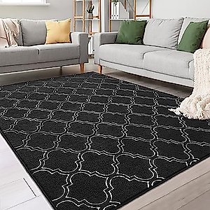 Chicrug Shag Geometric 7x10 Area Rug for Living Room, Large Modern Memory Foam Indoor Carpet, Moroccan Fluffy Rug for Bedroom Bedside Room Decor for Family Girls Kids Nursery, Black/White