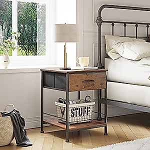 WLIVE Nightstand, End Table with Fabric Storage Drawer and Open Wood Shelf, Bedside Furniture with Steel Frame, Side Table for Bedroom, Dorm, Easy Assembly, Rustic Brown Wood Grain Print