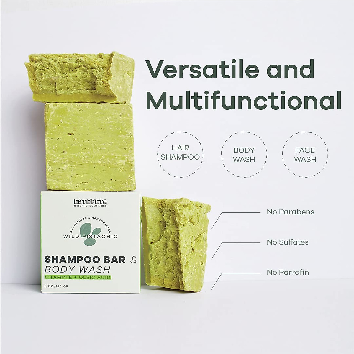 ESTEPETA | Shampoo Bar | Natural Hair and Skin Wash | All-in-one Cleanser | Wild Pistachio | 100% Vegan | 5.29oz