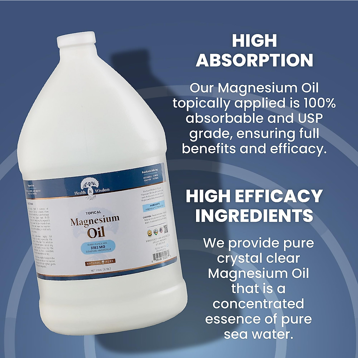 Health and Wisdom Topical Magnesium Oil - Pure Magnesium Oil, Magnesium Oil for Feet, Transdermal Magnesium Oil for Bath, Magnesium Massage Oil, Magnesium Chloride Oil, Magnesium Soak - 128 Fl Oz