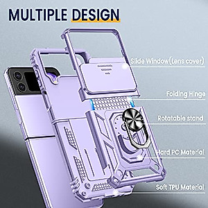 Goton for Samsung Z Flip 4 Case, Galaxy Z Flip 4 Case with Camera Cover, [Hinge Protection] & 360° Kickstand Ring Military Grade Shockproof Cover for Samsung Z Flip 4 case 2022 Purple