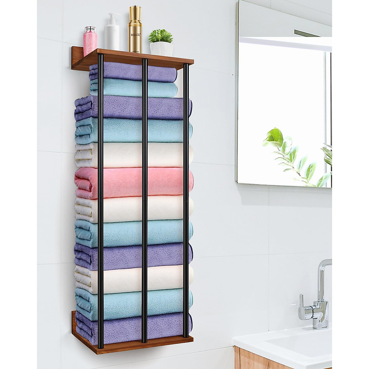 WeGXY Towel Racks for Bathroom Wall Mounted, 3 Bar Wall Towel Rack for Rolled Towels, Metal Towel Holder with Wooden Shelf, Sturdy and Large Capacity, Towel Storage Organizer