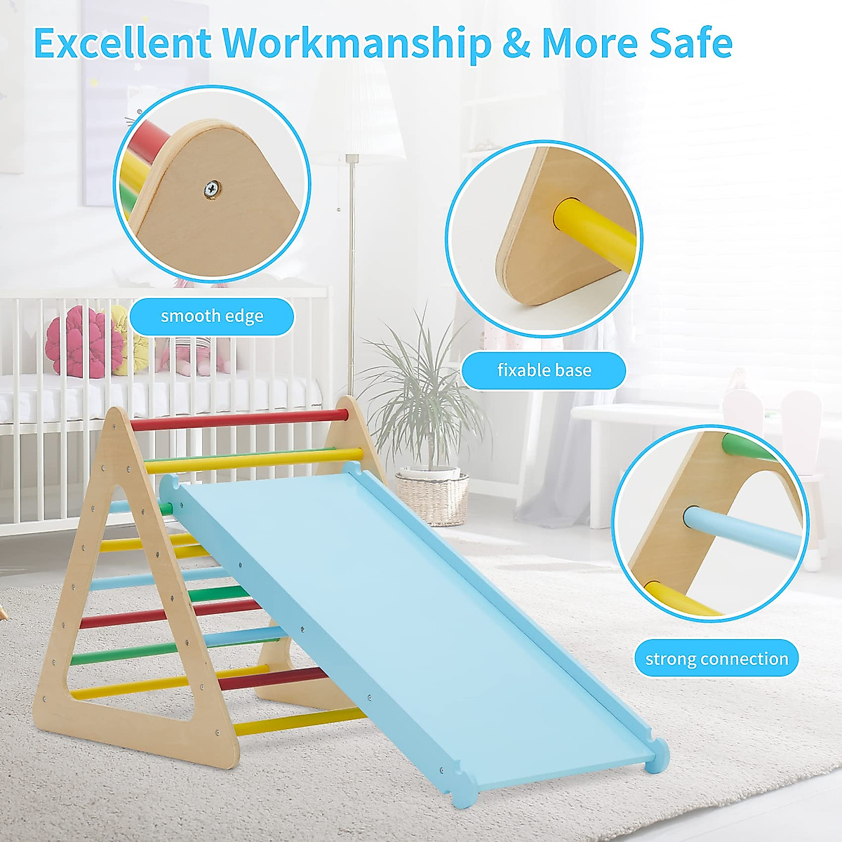 GOME Foldable Climbing Triangle Ladder with Ramp, 2-in-1 Wooden Triangular Climber for Climbing and Sliding, for Children Boys Girls Indoor and Outdoor Use, Toddlers Climbing Toys, Muticolored…