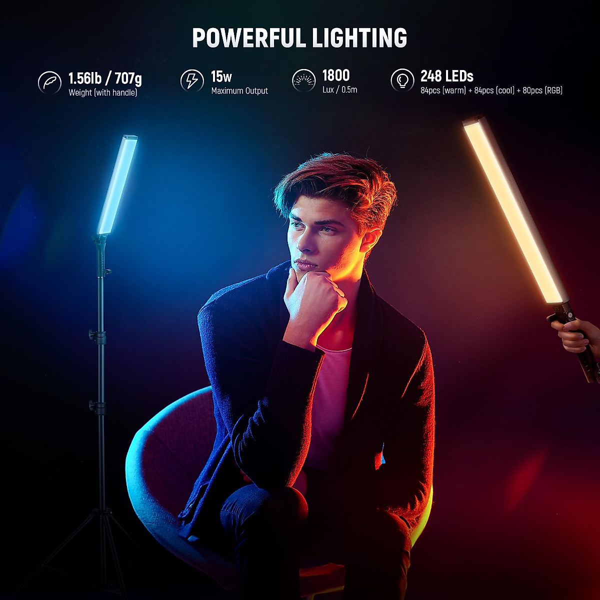 NEEWER Upgraded Interactive RGB LED Video Light Stick with Stand Kit, 2 Pack BH-30S Photography Lighting Wand with RGBWW Hue Mixer/2.4G APP Control/2500K-10000K/CRI&TLCI97+/18 Effects/31Wh Battery