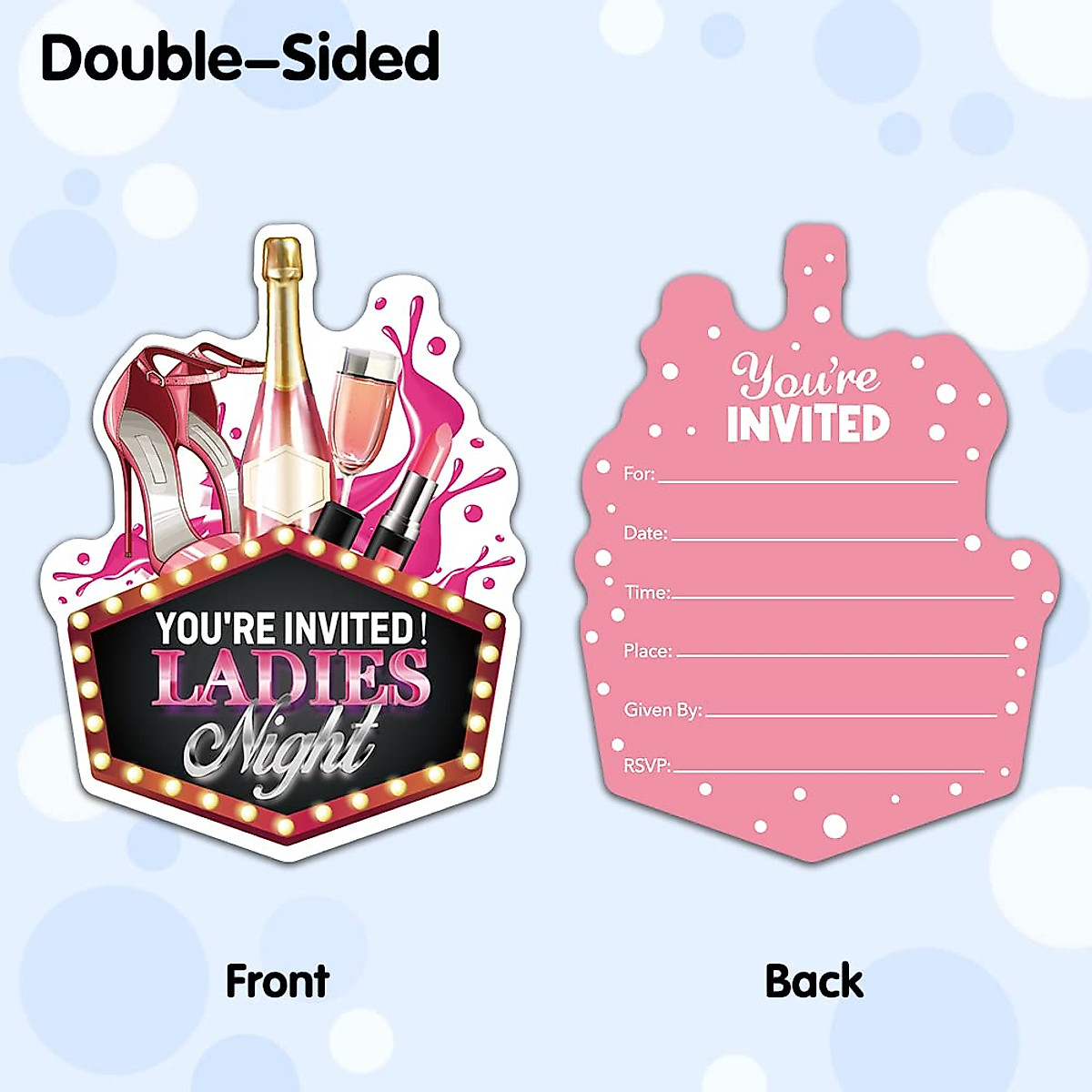 RZHV 15 Pack Pink High Heels & Champagne Shaped Fill-In Invitations Cards With Envelopes for Woman, Funny Birthday Party Mardi Gras New Year Party Costume Party Invite(Ladies Night)