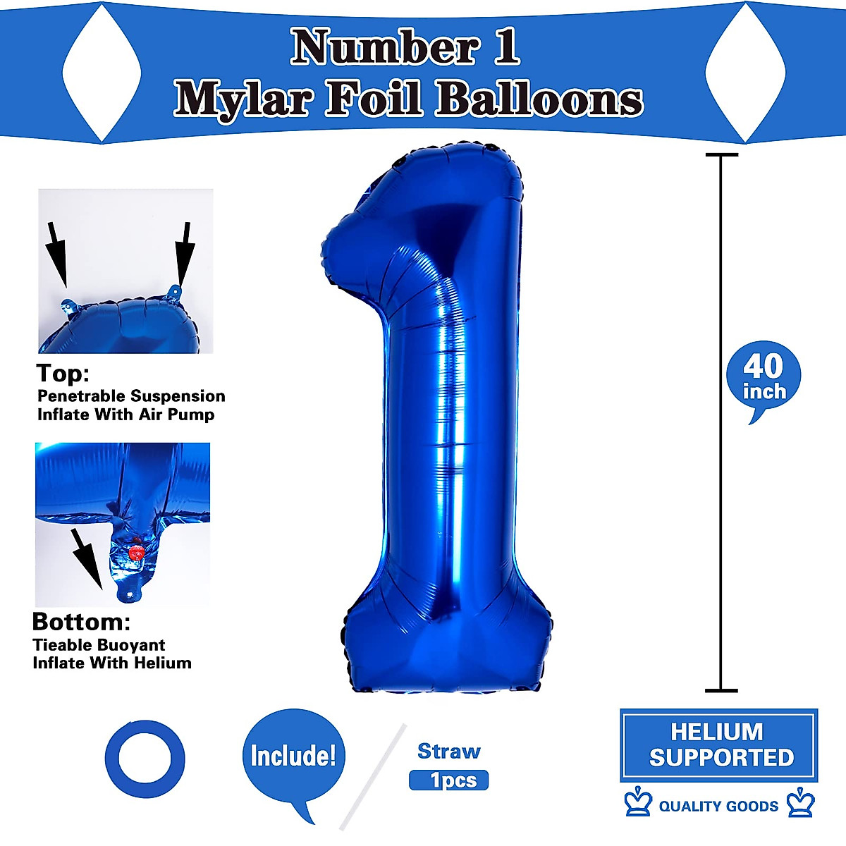Huge 40 Inch Navy Blue Number 1 Balloon One Balloon for First Birthday Decors Kids Boys Girl Helium Hot Blue Theme Party Number 1 Balloon 1st Balloons Birthday for Anniversary Decors Baby Shower