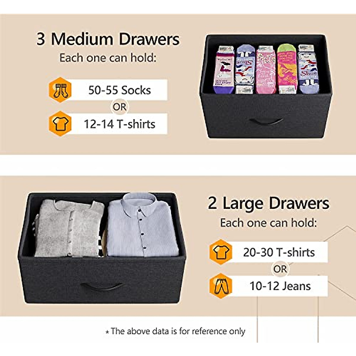 Cubiker Dresser Storage Organizer, 5 Drawer Dresser Tower Unit for Bedroom Hallway Entryway Closets, Small Dresser Clothes Storage with Wide Sturdy Steel Frame Wood Top, Black Grey