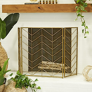 Deco 79 Contemporary Metal Fireplace Screen with Chevron Pattern, 52"L x 31"H, Brass