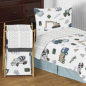 Sweet Jojo Designs Construction Truck Baby Kid Clothes Laundry Hamper - Grey Yellow Black Blue and Green Transportation Chevron Arrow