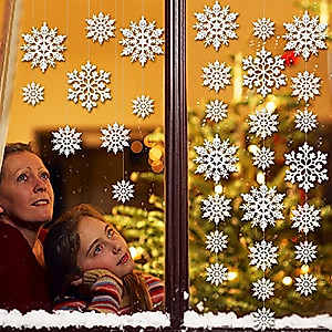 46Pcs Plastic Snowflake Ornament Christmas Glitter Snowflake Hanging Christmas Tree Decorations with Silver Rope for Winter Decorations Tree Window Door Accessories (White)