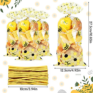 Styquenzer 100Pcs Bee Party Bags Honey Bee Plastic Candy Bags Yellow Honey Bee Treat Bags Goodie Bags Bee Gift Bags with Gold Twist Ties for Gender Reveal Party Supplies