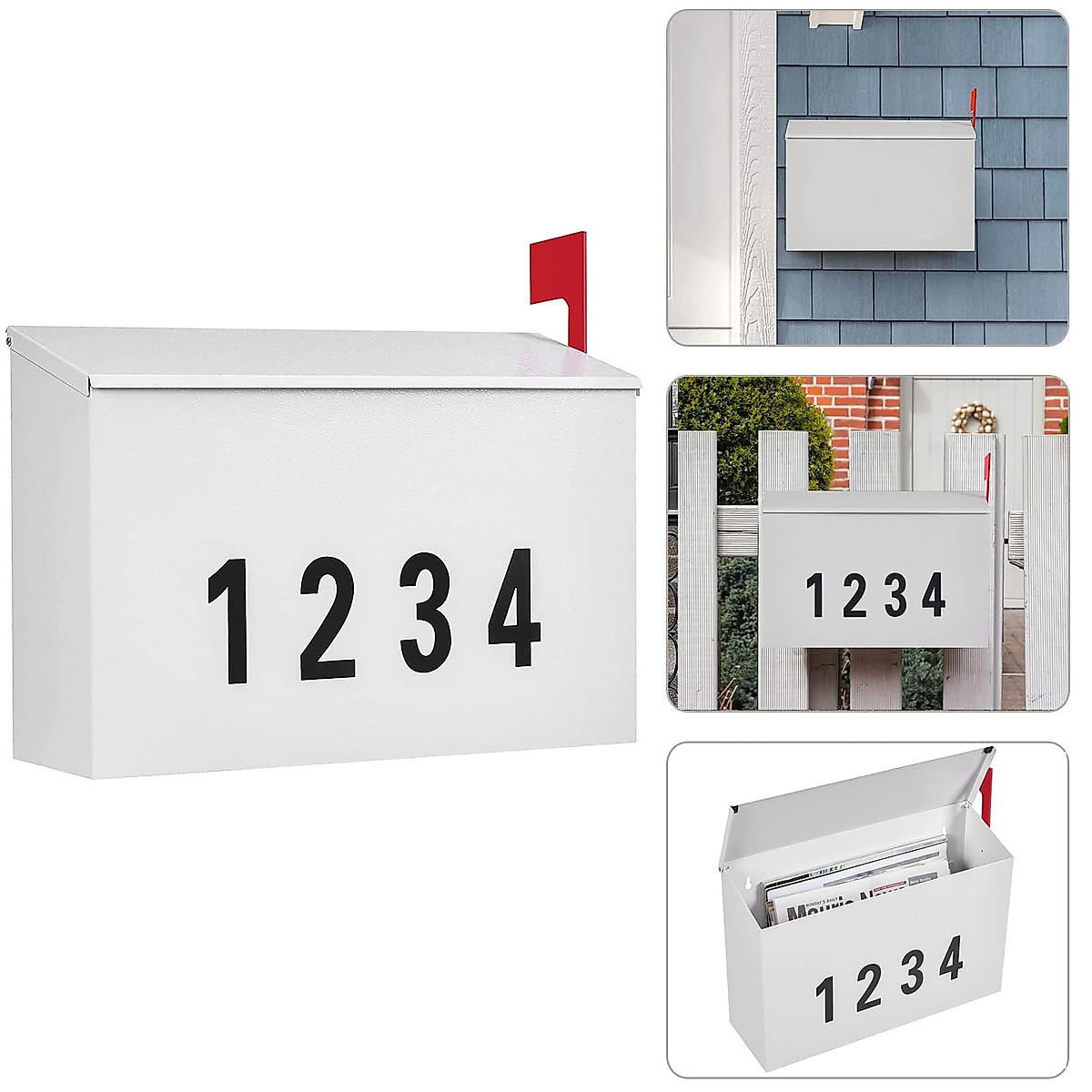 LAND·VOI Wall-Mount Mailbox with One Flag Kit and Three Sets of 0-9 Mailbox Number Stickers, Galvanized Steel Rust-Proof Metal Post Box, Mailboxes for Outside, 4.33" Dx14.2 Wx10.43 H, White AMB03W