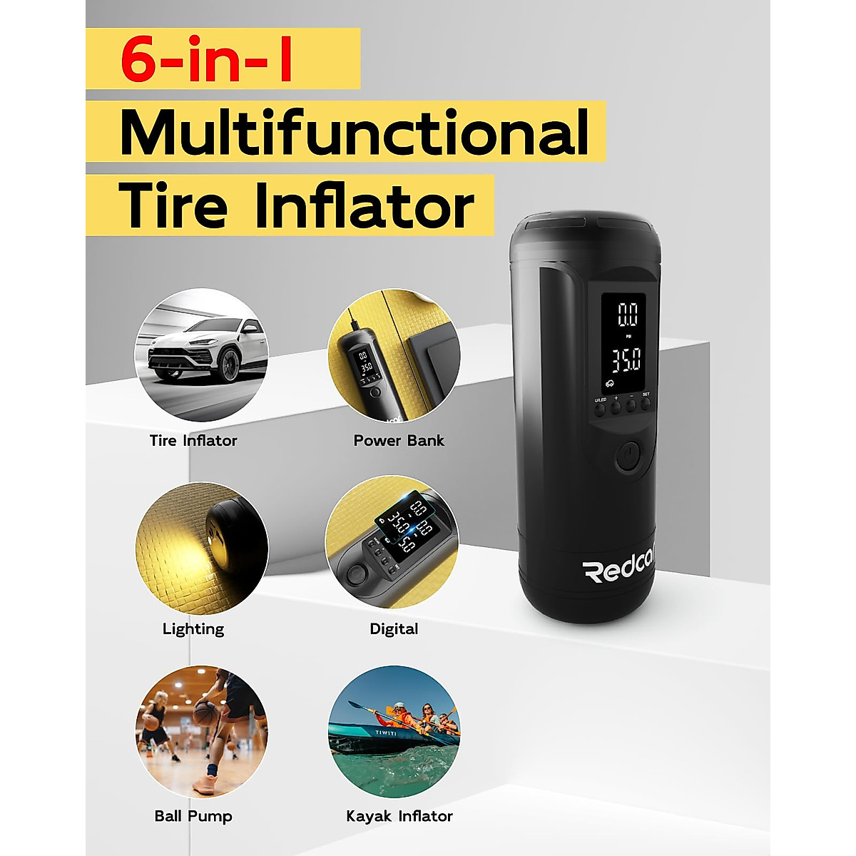 Redcar Cordless Air Inflator, Portable Tire Pump with Digital Gauge, 150 PSI, Rechargeable Battery, LED Light, for Car Tires, Bicycle, Motorcycle, Balls & Inflatables