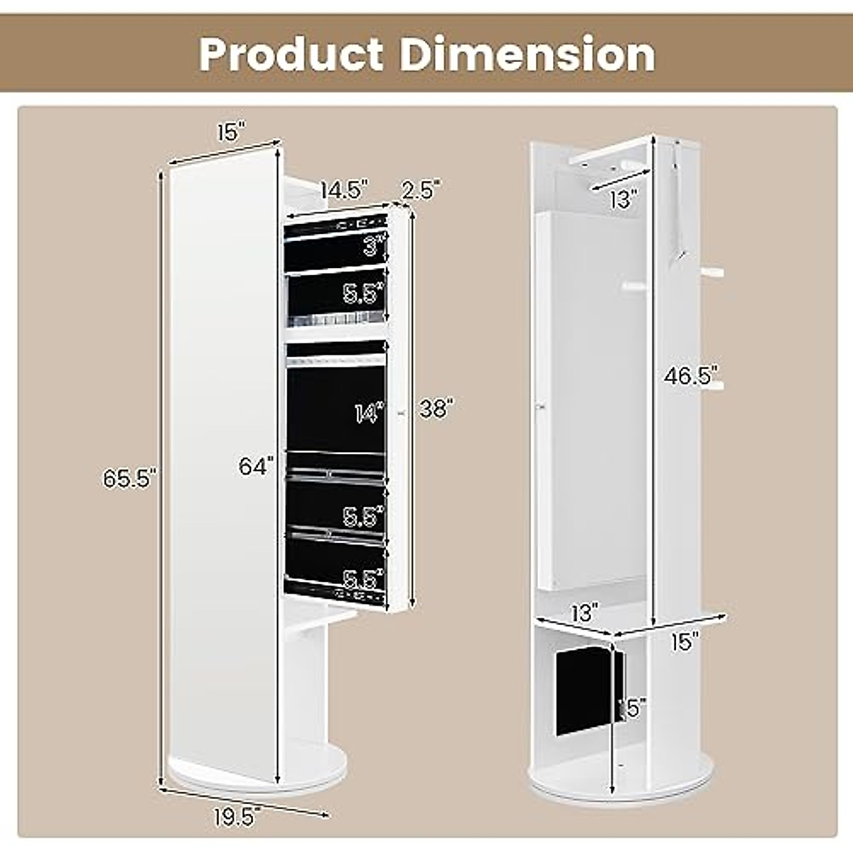 CHARMAID 65.5" H Jewelry Armoire with Full Length Mirror and Clothes Rack, Slide-Out Jewelry Cabinet with 3-Color LED lights, Rear Shelves, Hanging Rods, 360° Swivel Jewelry Organizer Storage (White)