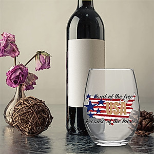 Pishovi USA Land of The Free Because of The Brave Wine Glass with Gift Box, Funny Flag Stemless Wine Glass, Memorial Day Gift, Day of Honor Retirement Gifts for Dad Grandpa Veteran Gifts