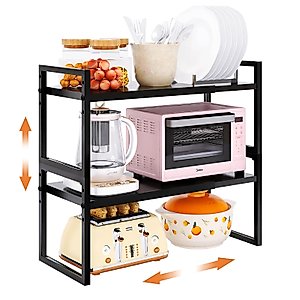 DOLALIKE Expandable kitchen Countertop Organizer, Stackable Cabinet Shelf Organizers, Space Saving Spice Rack Pantry Storage for Bathroom Office Organization (Black, 2 Pack)