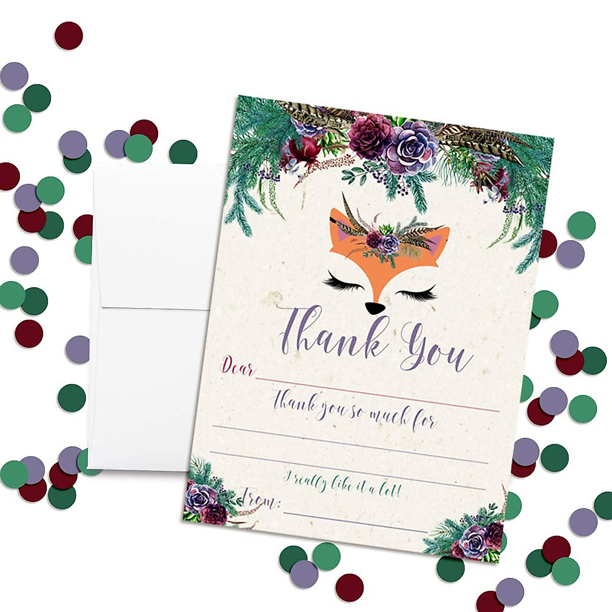 Woodland Forest Fox Face Floral Thank You Notes, Ten 4" x 5.5" Fill In The Blank Cards with 10 White Envelopes by AmandaCreation