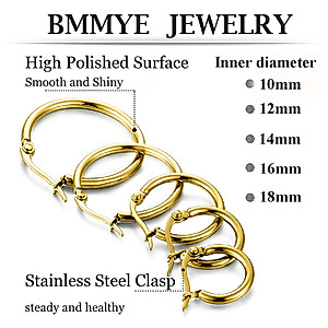 10 Pairs Gold Hoop Earrings for Women Small Stainless Steel Hypoallergenic Earrings Set Mens Unisex Nickel Free 10MM-18MM