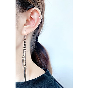 Black Spike Asymmetric Threader Drop Dangle Earrings for Women Men Teen Girls Boys Punk Personalized Cartilage No Pierced Cuff Long Chain Fish Hook Piercing Hanging Earrings for Boyfriend Daughter Son