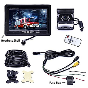 Camecho Vehicle Backup Camera 7" Monitor,18 IR Night Vision Rear View Camera Without Guide Line IP 68 Waterproof, 4 Pins Aviation Extension Cable for 33FT Length RVs, Bus, Trailer,Truck